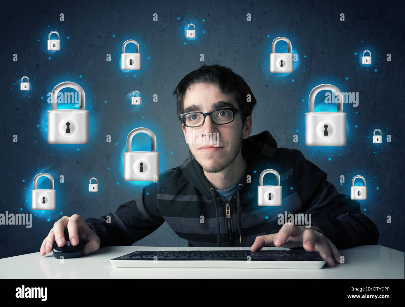 Young hacker with virtual lock symbols and icons Stock Photo - Alamy