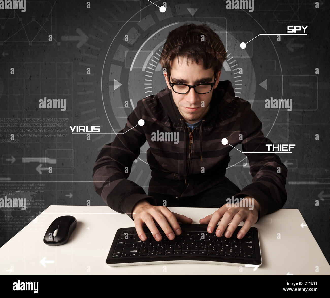 Young hacker in futuristic enviroment hacking personal information ...