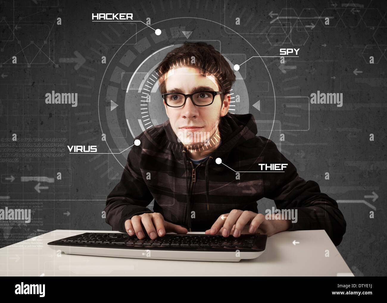 Young hacker in futuristic enviroment hacking personal information ...