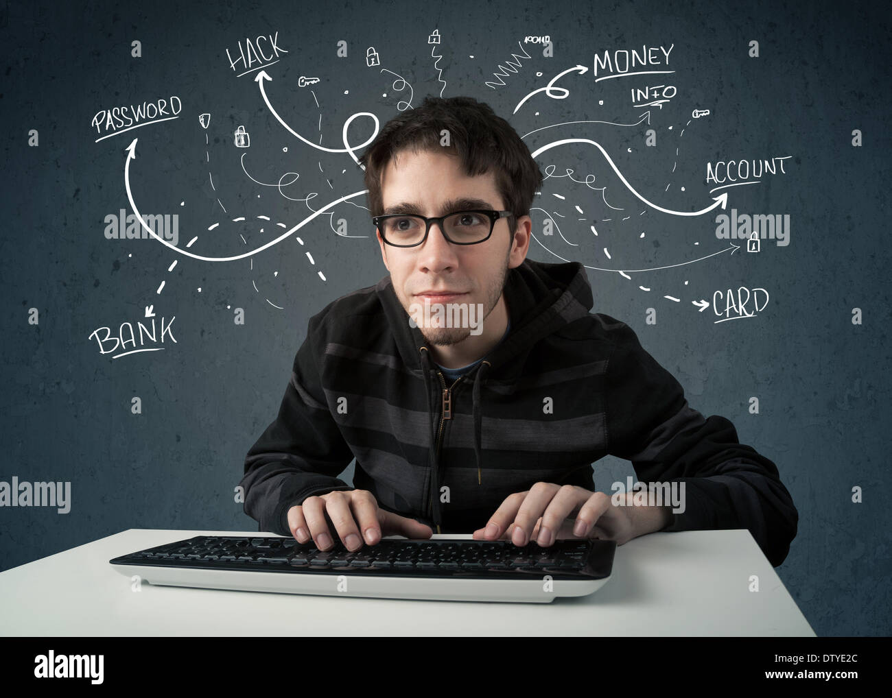 Young hacker with white drawn line thoughts Stock Photo - Alamy