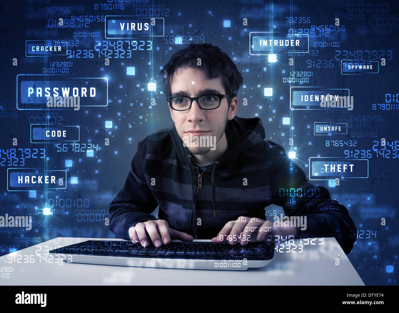 Hacker programing in technology enviroment with cyber icons Stock Photo - Alamy