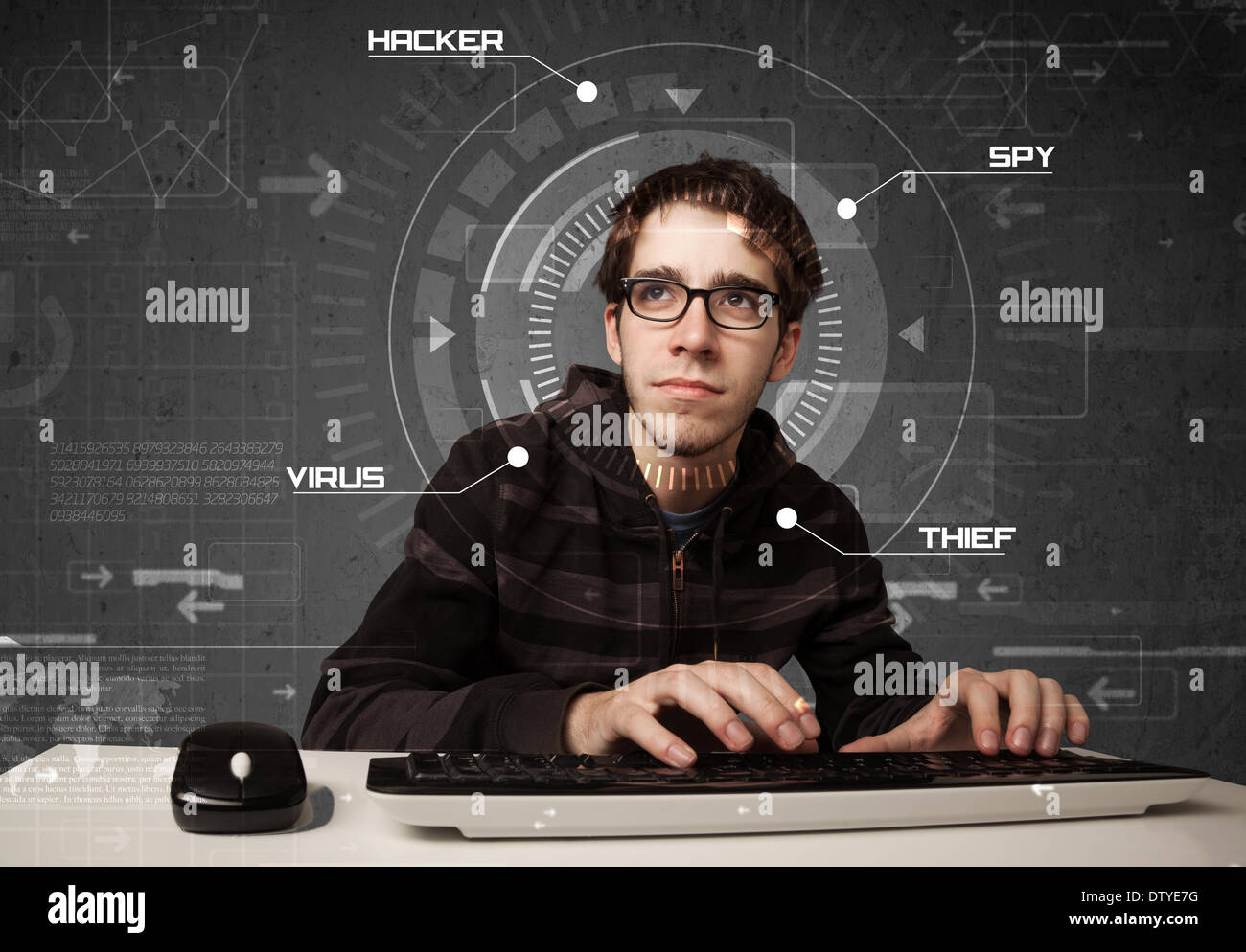 Young hacker in futuristic enviroment hacking personal information ...