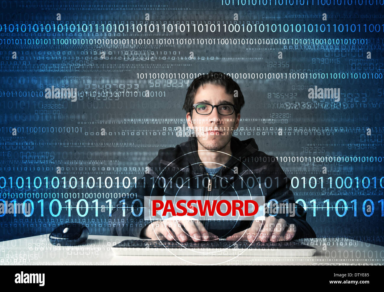 Young geek hacker stealing password Stock Photo - Alamy