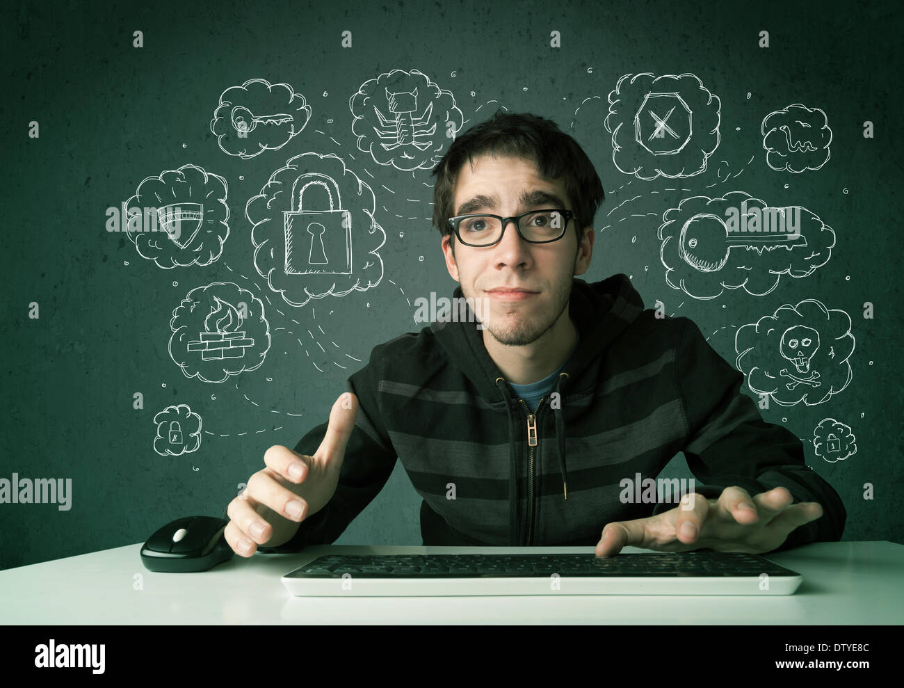 Young nerd hacker with virus and hacking thoughts Stock Photo - Alamy