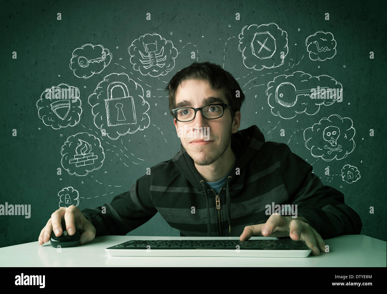 Young nerd hacker with virus and hacking thoughts Stock Photo - Alamy