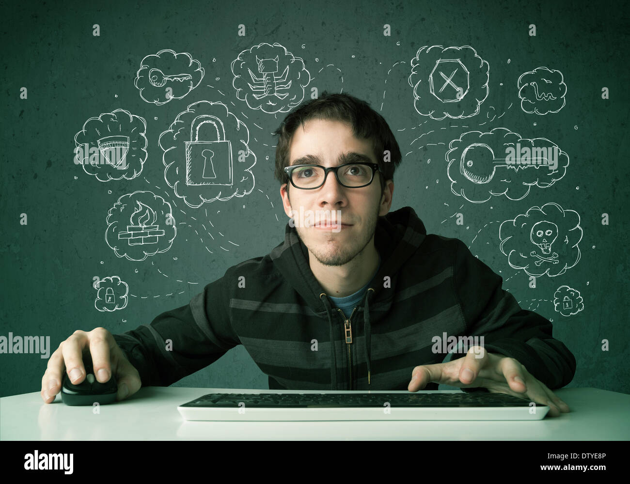 Young nerd hacker with virus and hacking thoughts Stock Photo - Alamy