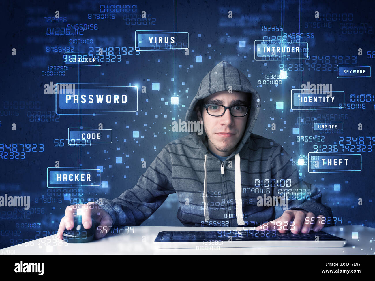 Hacker programing in technology enviroment with cyber icons Stock Photo ...