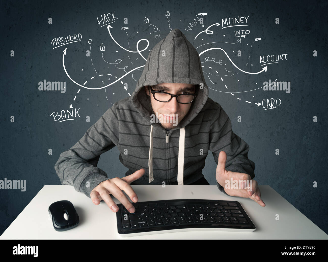 Young hacker with white drawn line thoughts Stock Photo - Alamy