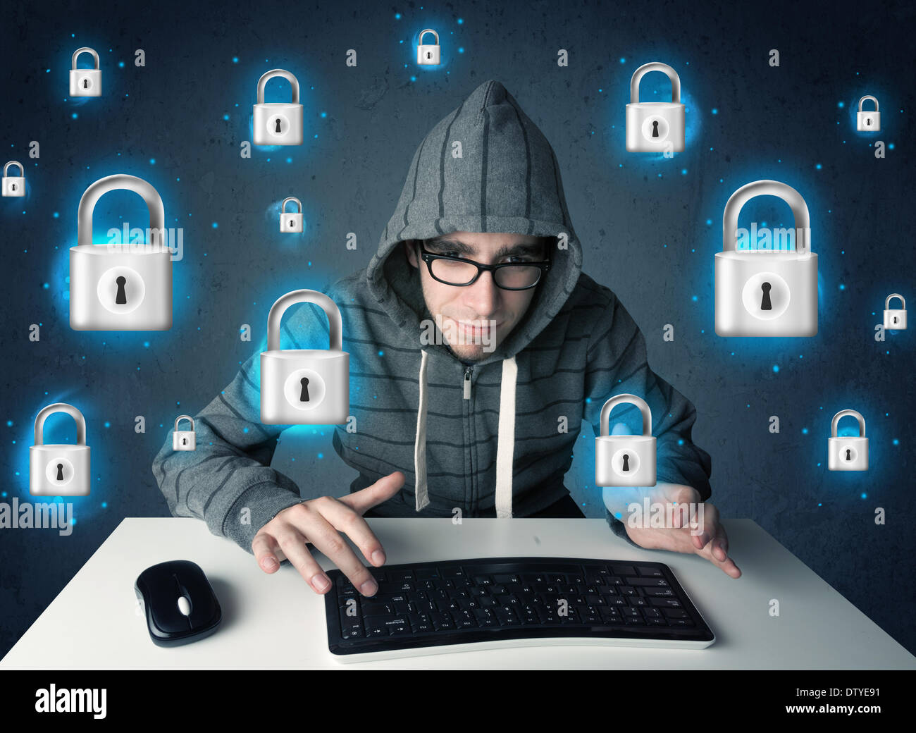 Young hacker with virtual lock symbols and icons Stock Photo - Alamy