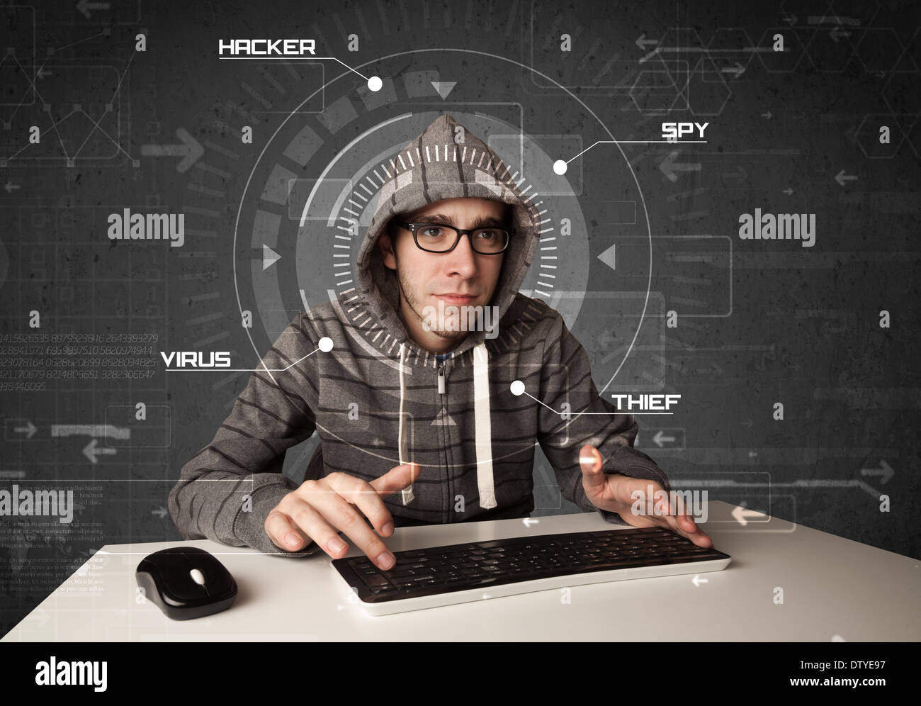 Young hacker in futuristic enviroment hacking personal information ...