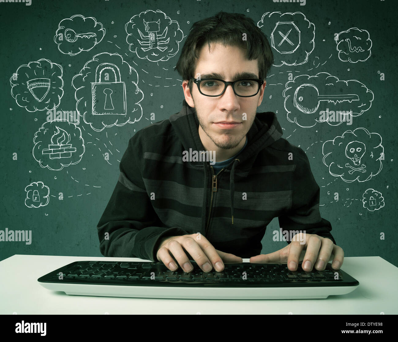 Young nerd hacker with virus and hacking thoughts Stock Photo - Alamy