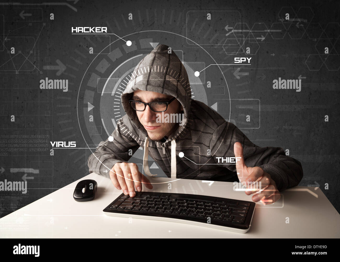 Young hacker in futuristic enviroment hacking personal information ...