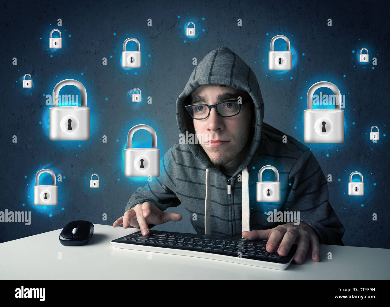 Young hacker with virtual lock symbols and icons Stock Photo - Alamy