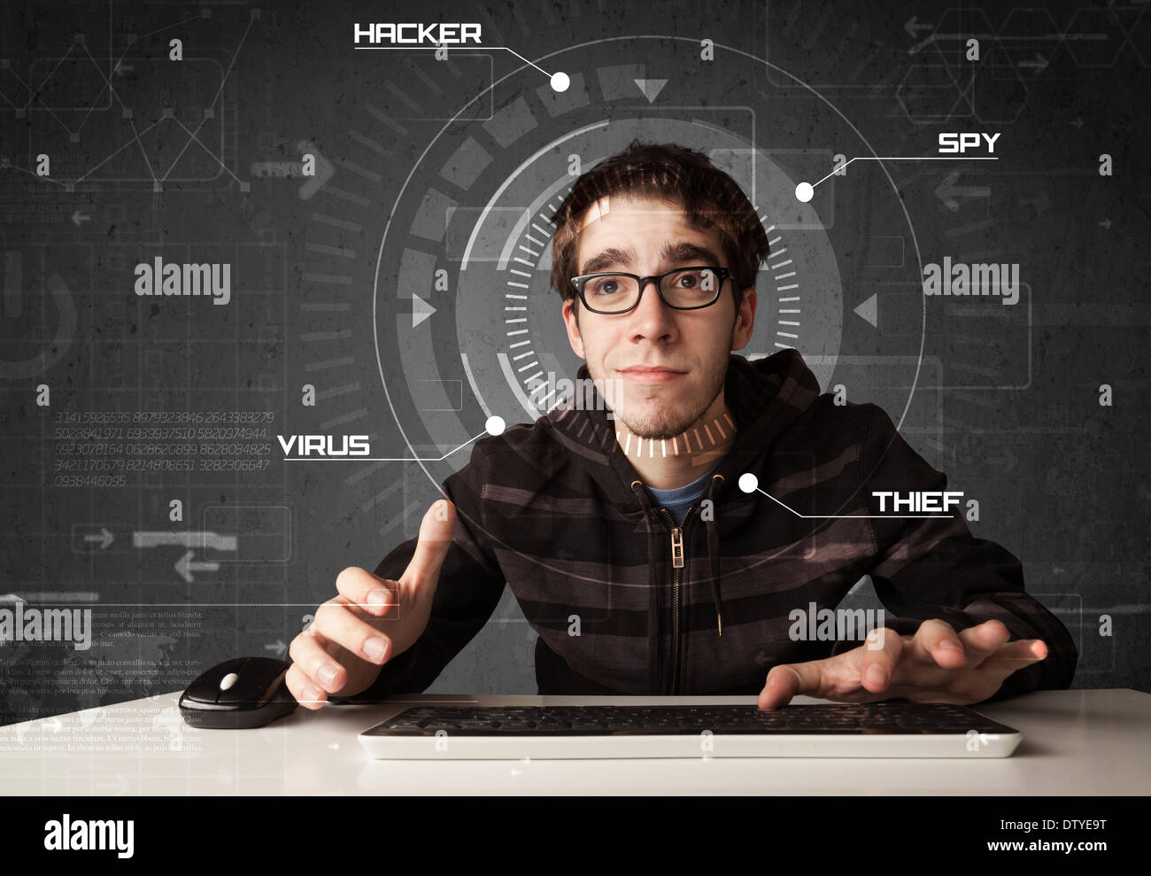 Young hacker in futuristic enviroment hacking personal information ...