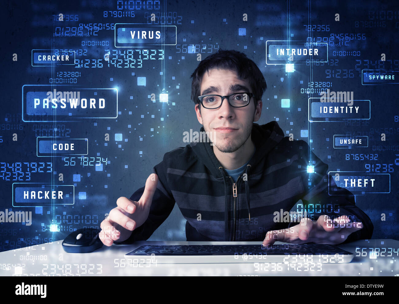 Hacker programing in technology enviroment with cyber icons Stock Photo - Alamy