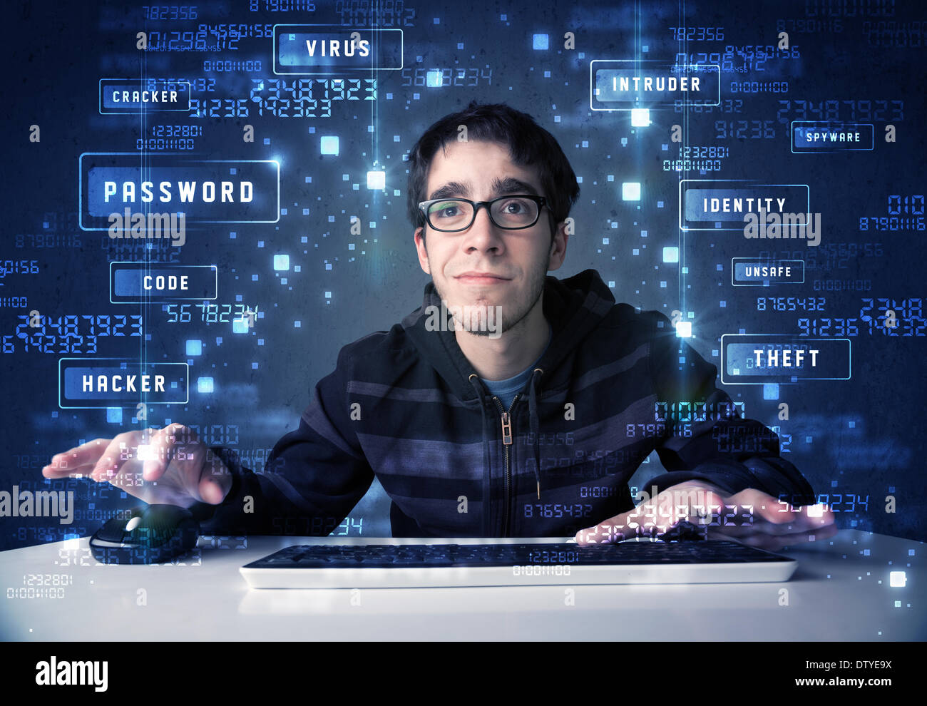 Hacker programing in technology enviroment with cyber icons Stock Photo ...