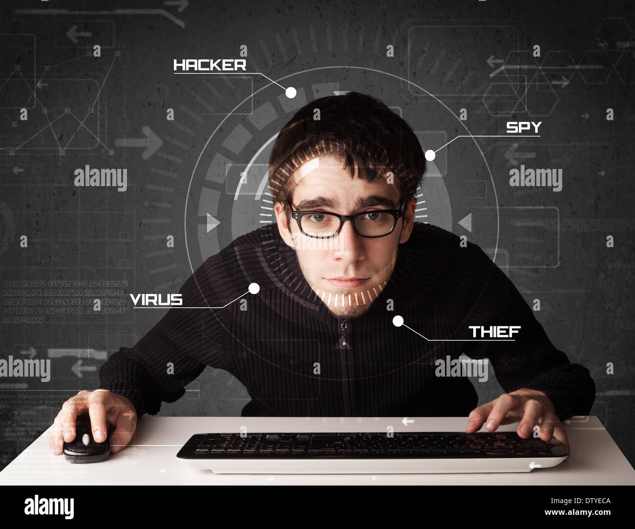 Young hacker in futuristic enviroment hacking personal information ...