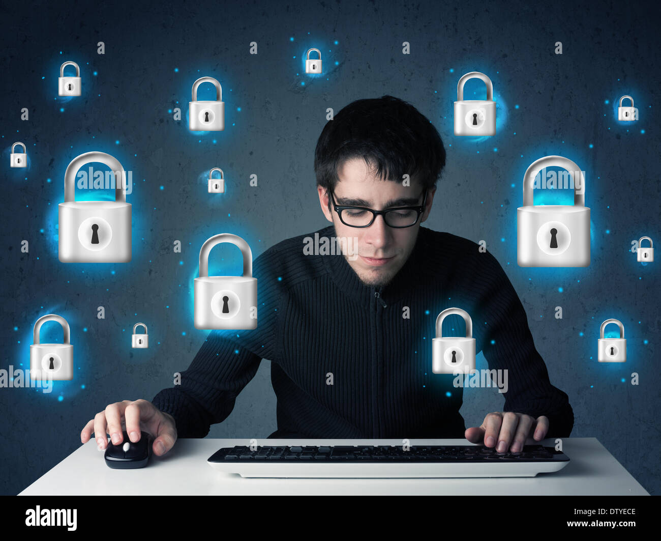 Young hacker with virtual lock symbols and icons Stock Photo - Alamy