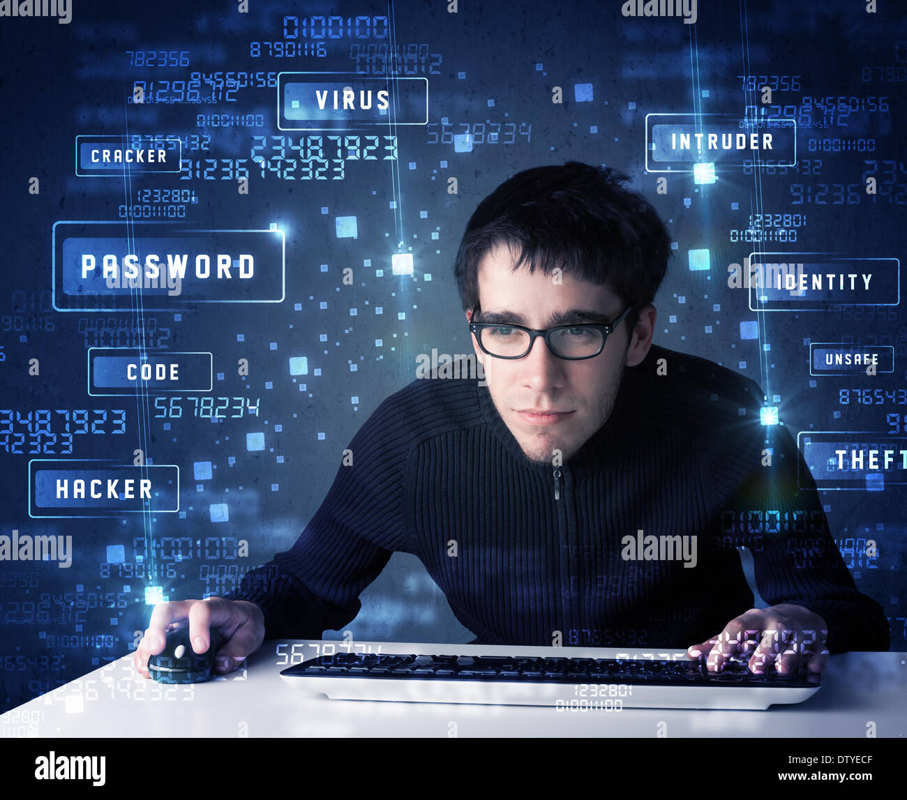 Hacker programing in technology enviroment with cyber icons Stock Photo ...