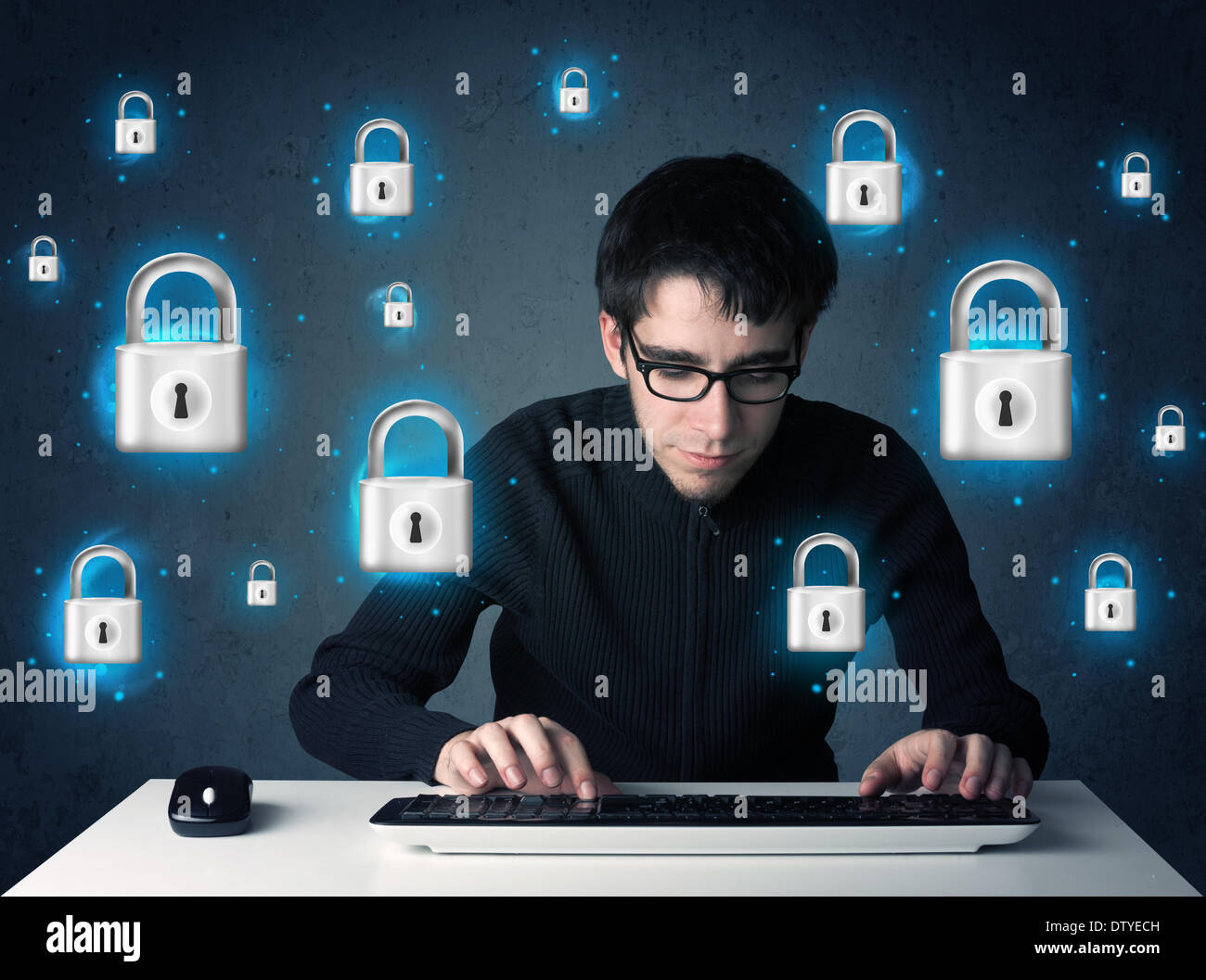 Young hacker with virtual lock symbols and icons Stock Photo - Alamy