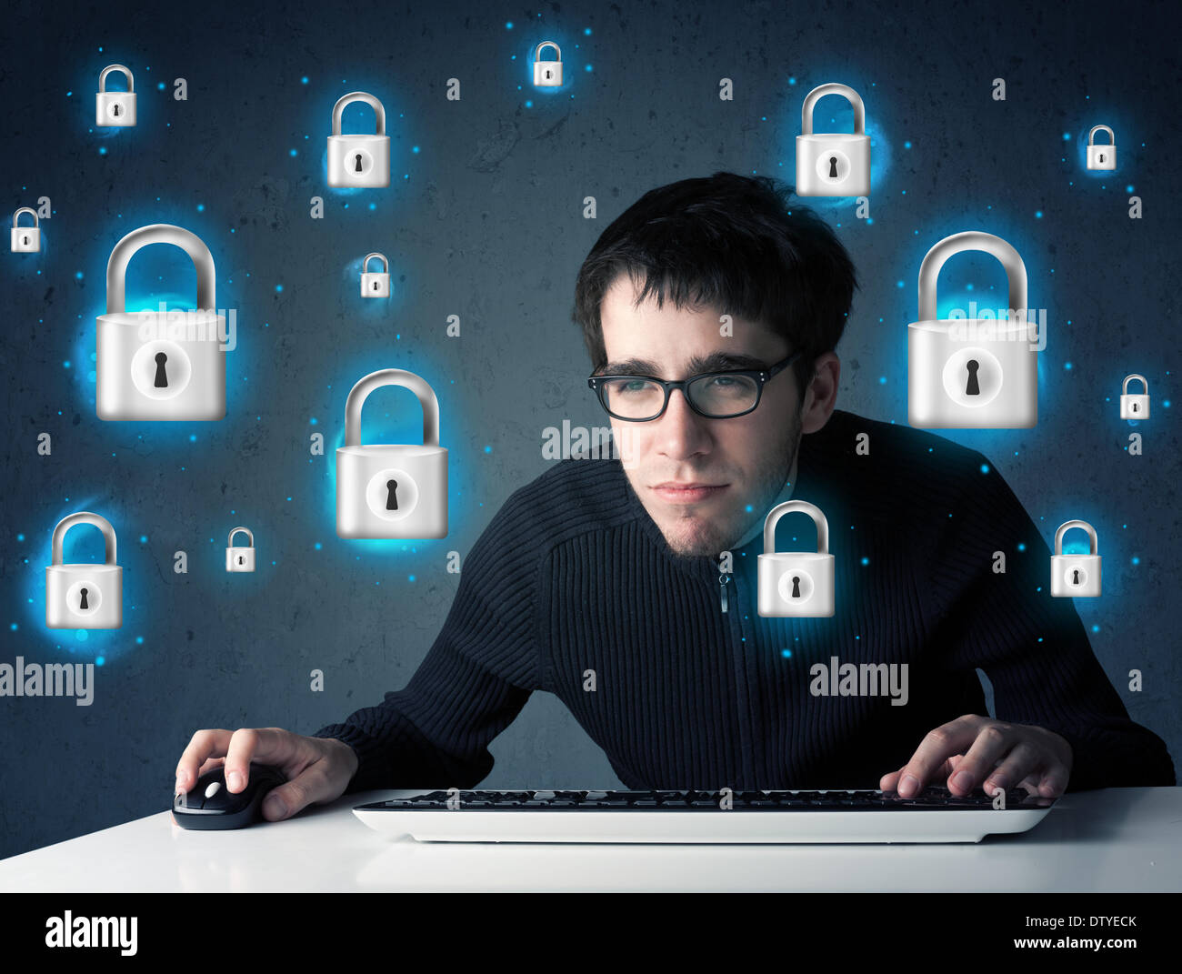 Young hacker with virtual lock symbols and icons Stock Photo - Alamy