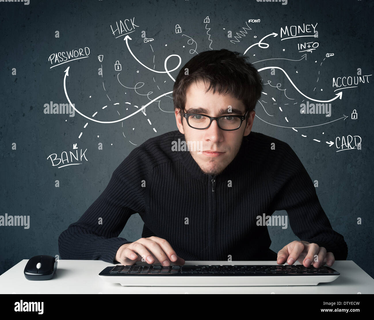 Young hacker with white drawn line thoughts Stock Photo - Alamy