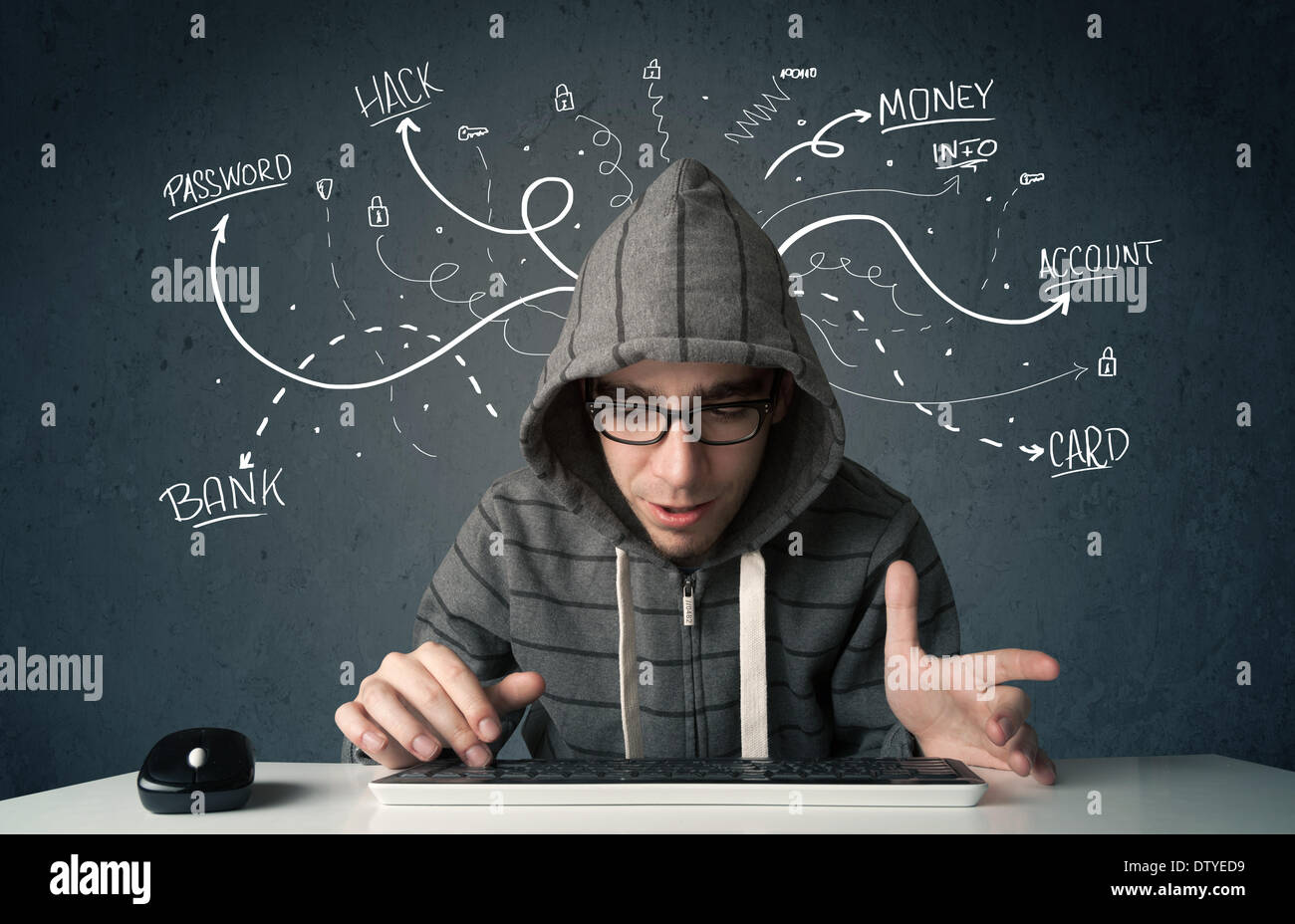 Young hacker with white drawn line thoughts Stock Photo - Alamy