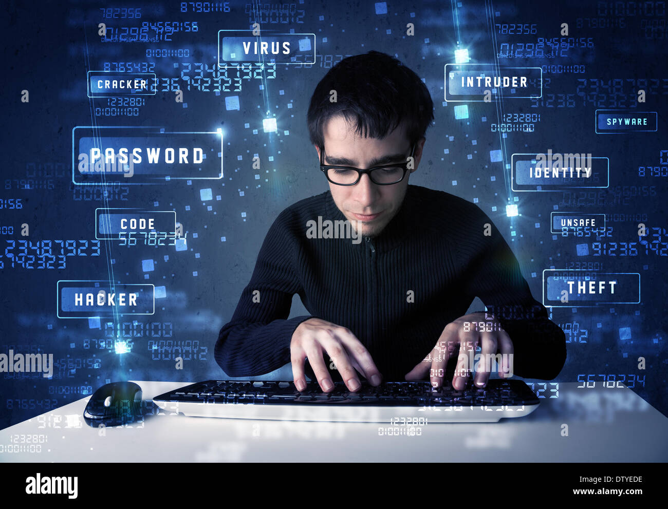 Hacker programing in technology enviroment with cyber icons Stock Photo ...