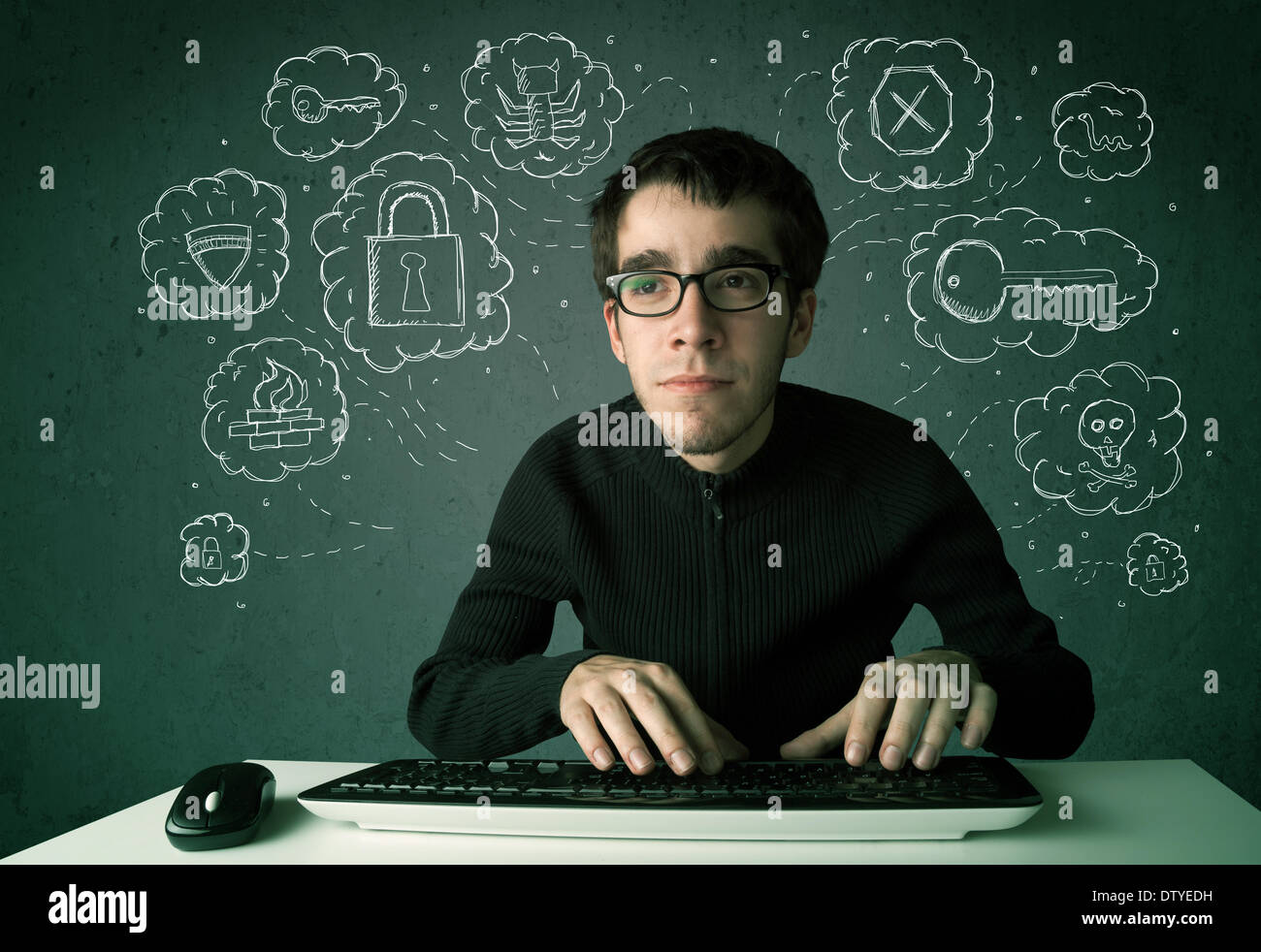 Young nerd hacker with virus and hacking thoughts Stock Photo - Alamy