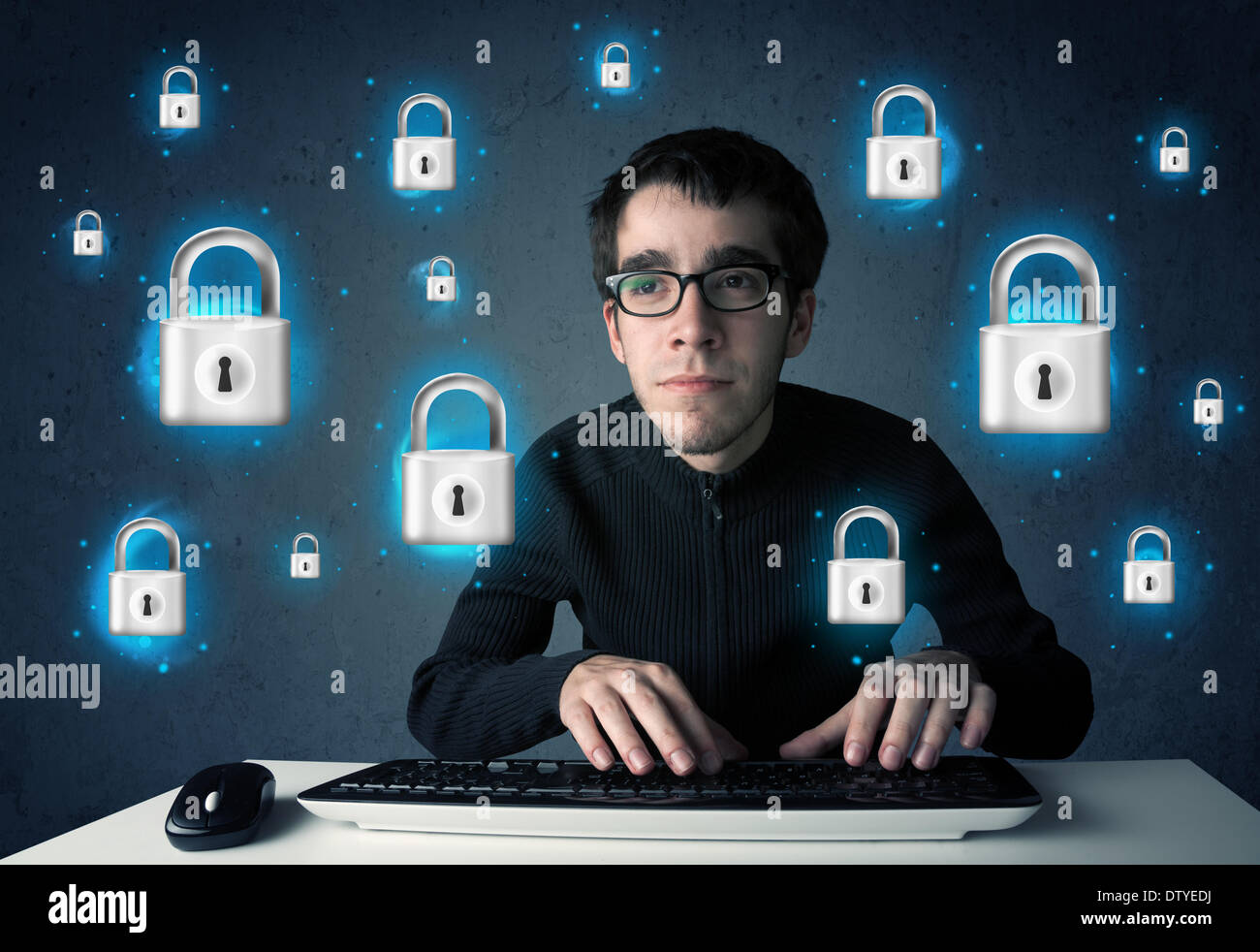 Young hacker with virtual lock symbols and icons Stock Photo - Alamy