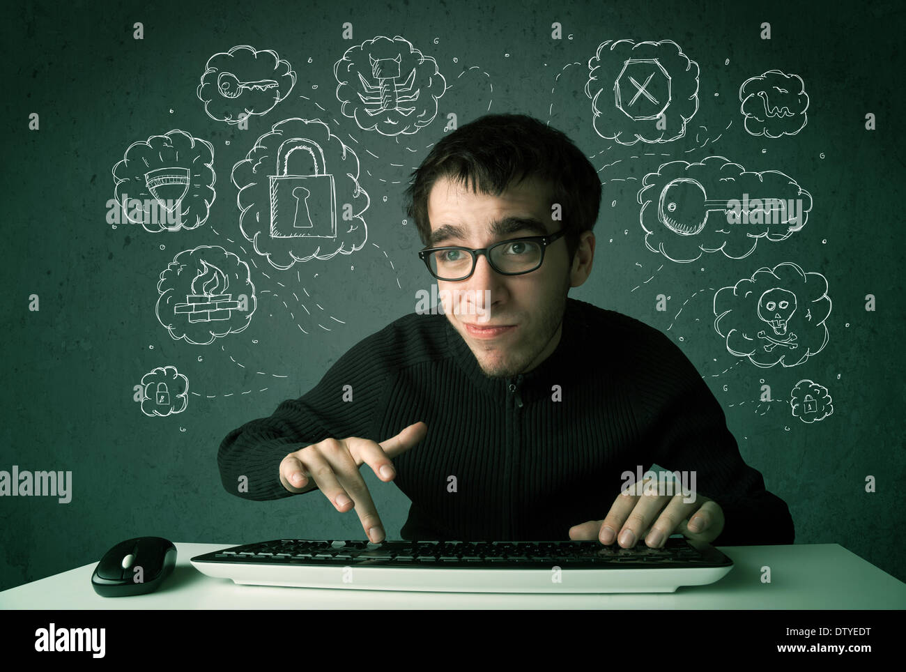 Young nerd hacker with virus and hacking thoughts Stock Photo - Alamy