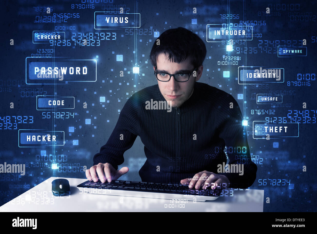 Hacker programing in technology enviroment with cyber icons Stock Photo ...