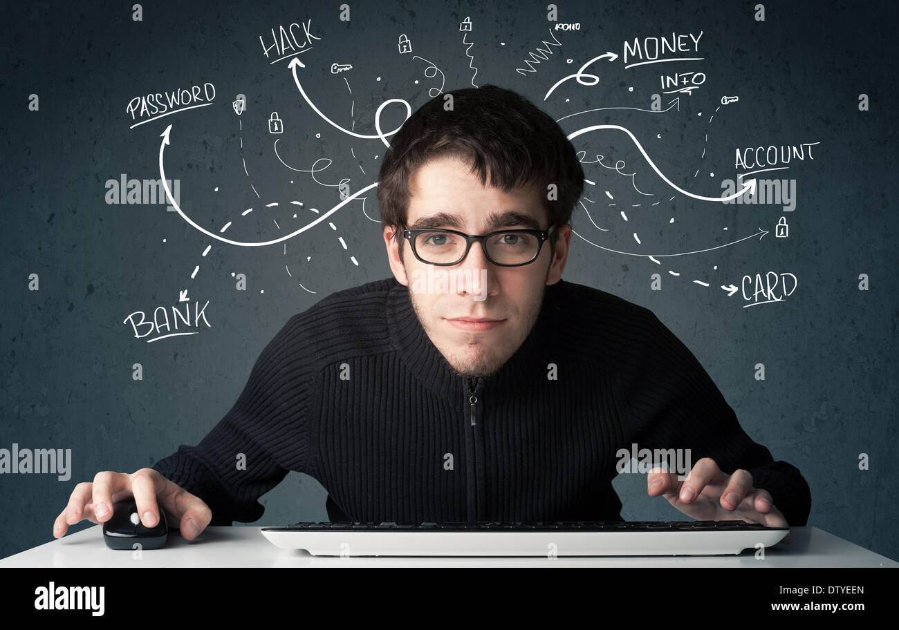 Young hacker with white drawn line thoughts Stock Photo - Alamy