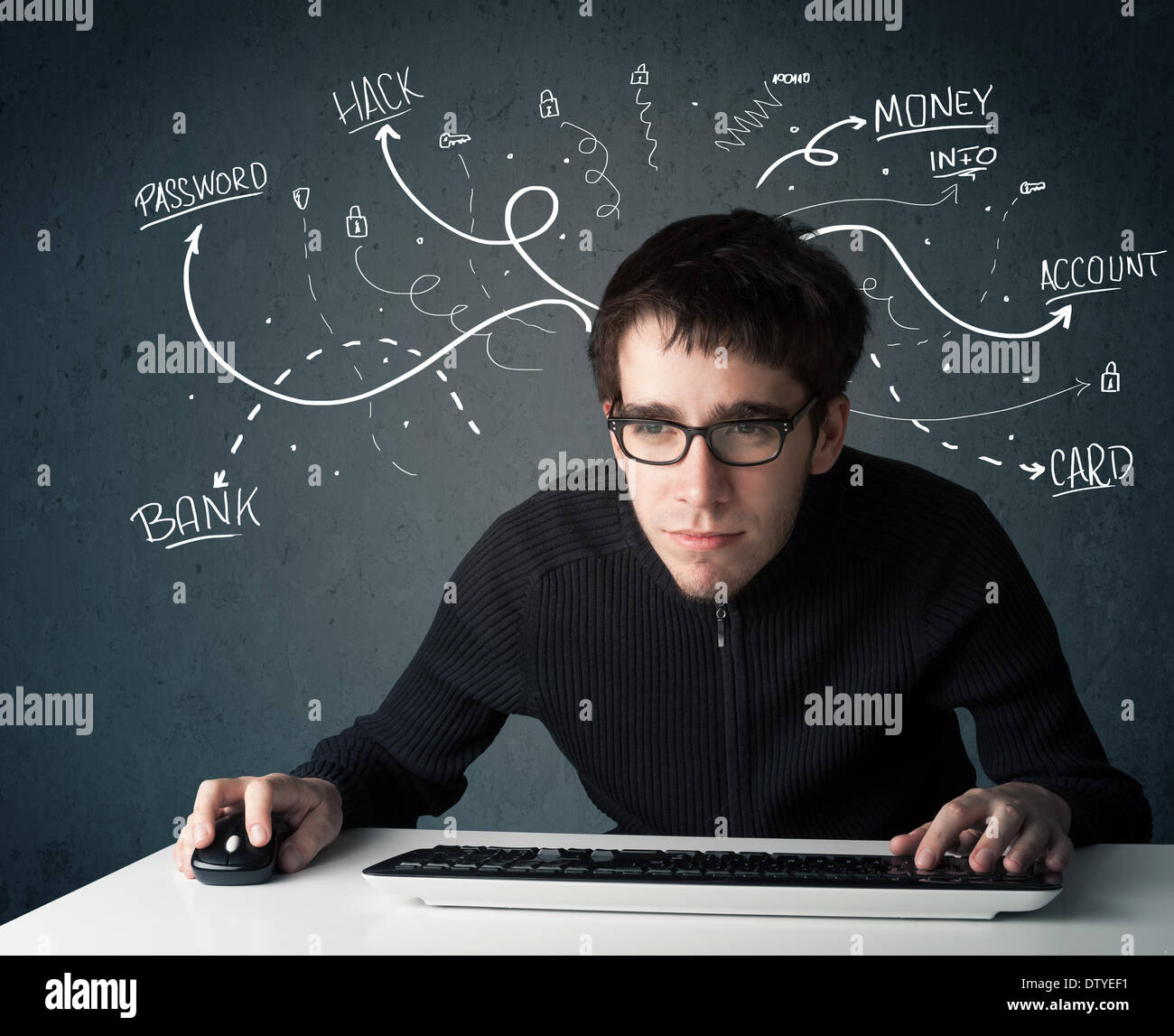Young hacker with white drawn line thoughts Stock Photo - Alamy