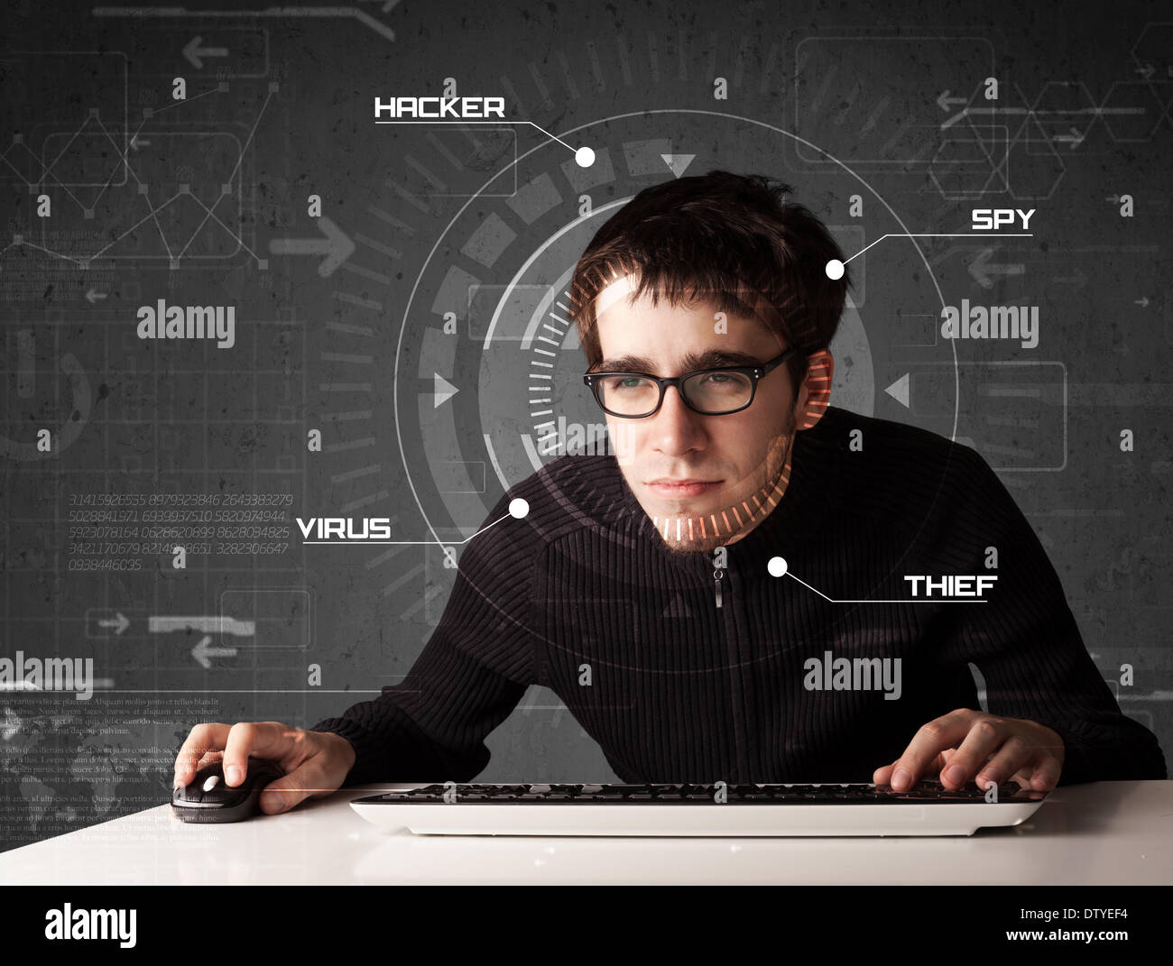 Young hacker in futuristic enviroment hacking personal information ...