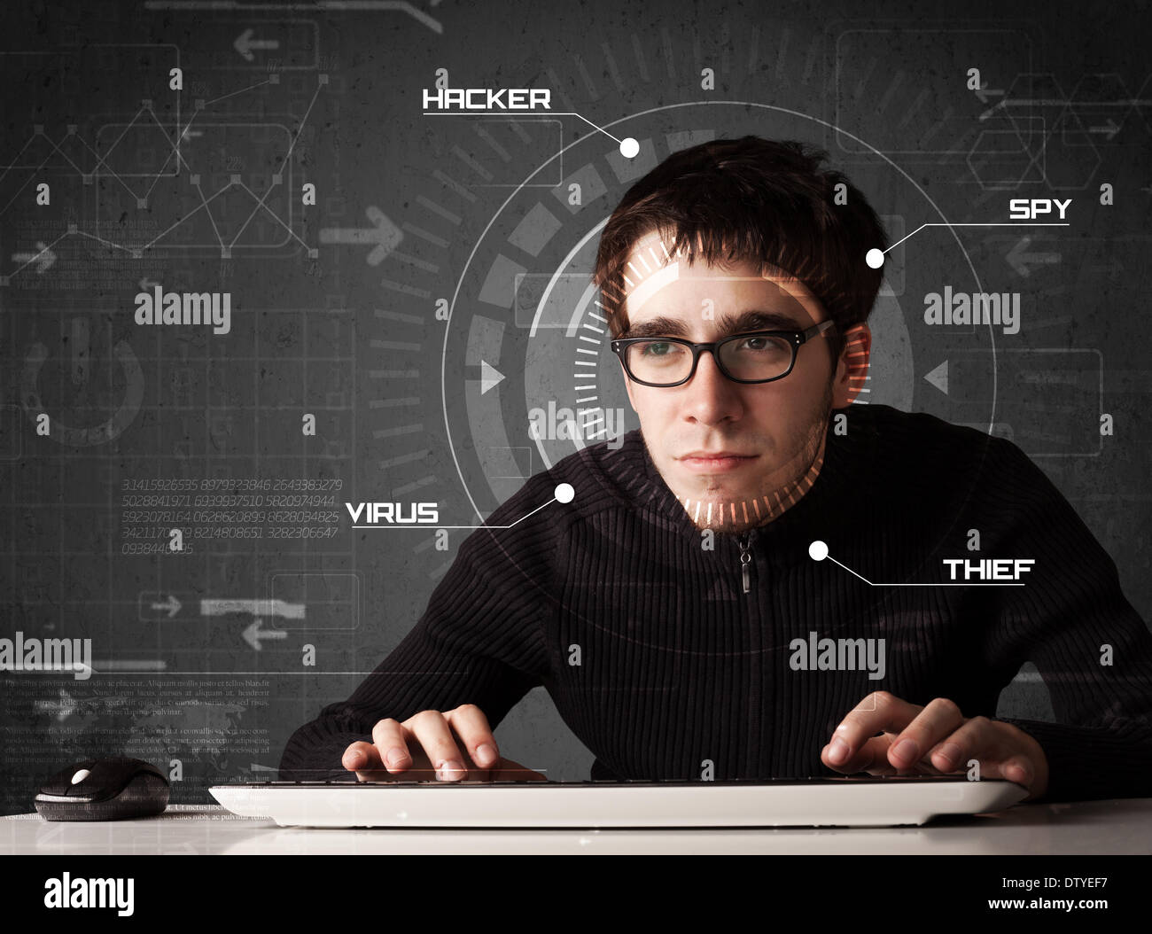 Young hacker in futuristic enviroment hacking personal information ...