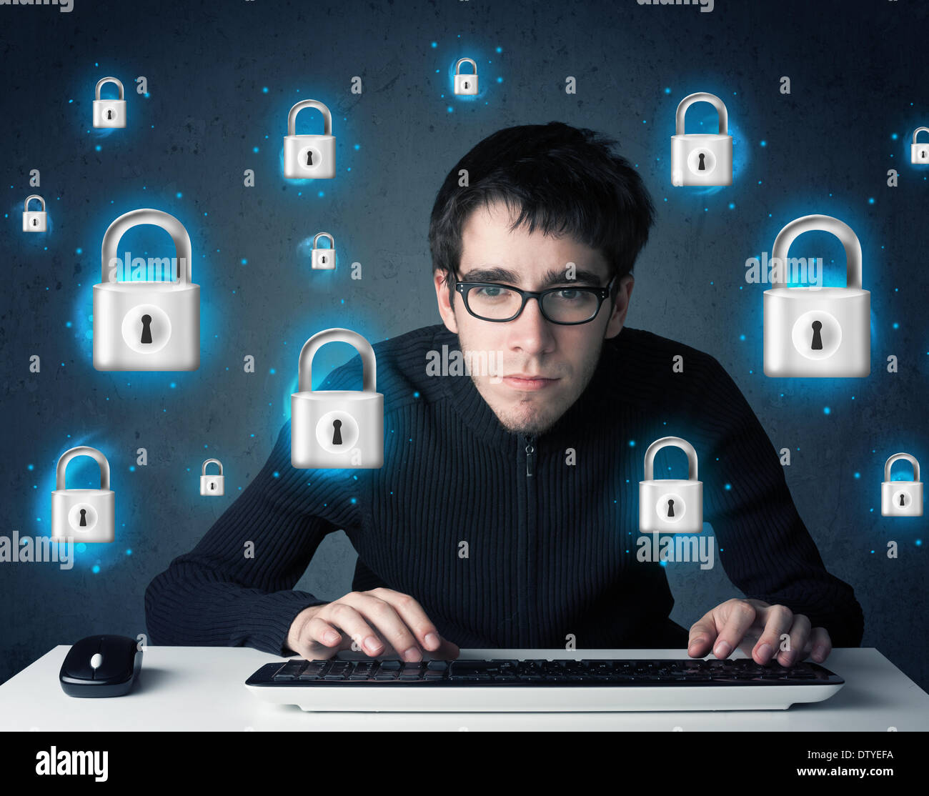 Young hacker with virtual lock symbols and icons Stock Photo - Alamy