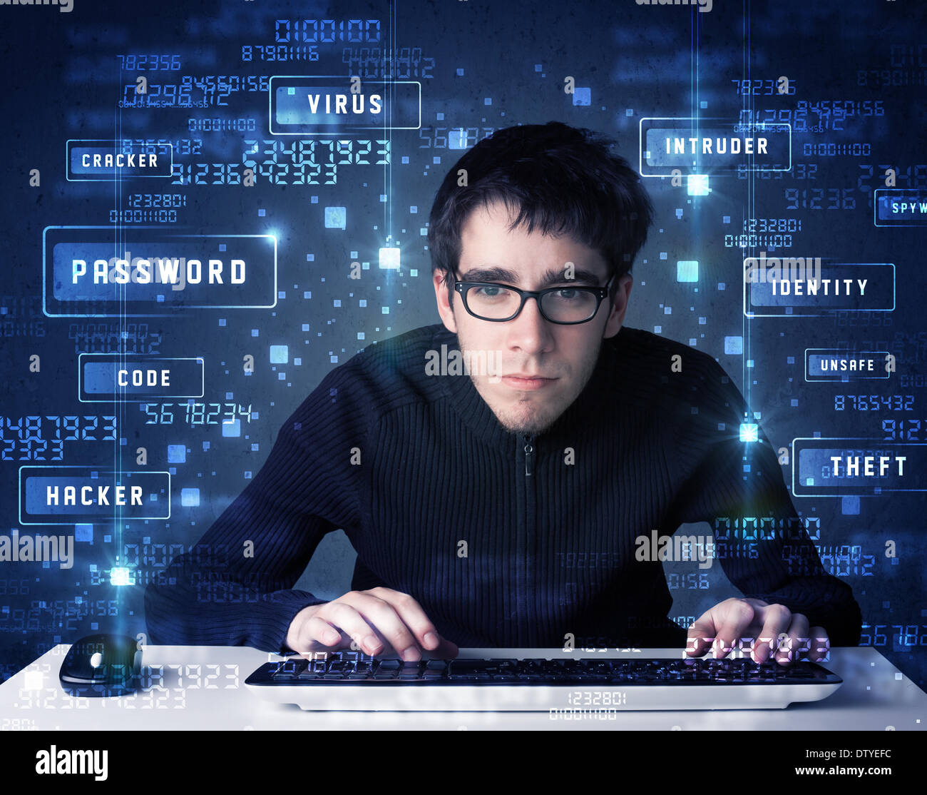Hacker programing in technology enviroment with cyber icons Stock Photo ...