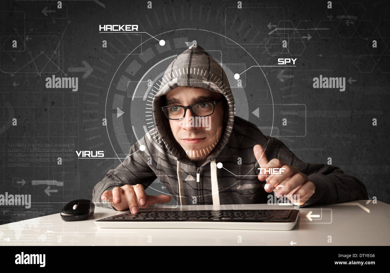 Young hacker in futuristic enviroment hacking personal information ...