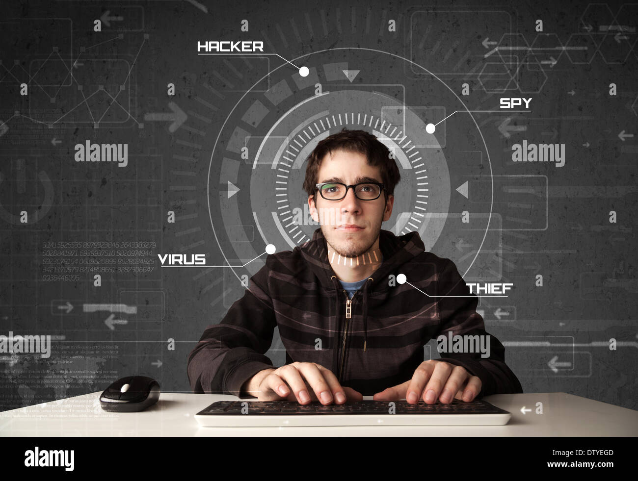 Young hacker in futuristic enviroment hacking personal information ...