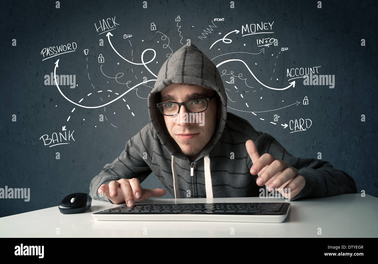Young hacker with white drawn line thoughts Stock Photo - Alamy