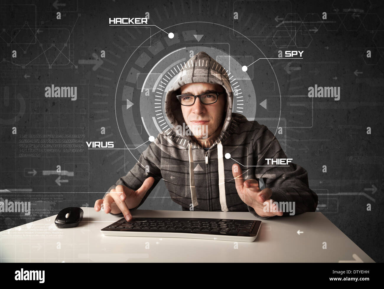 Young hacker in futuristic enviroment hacking personal information ...