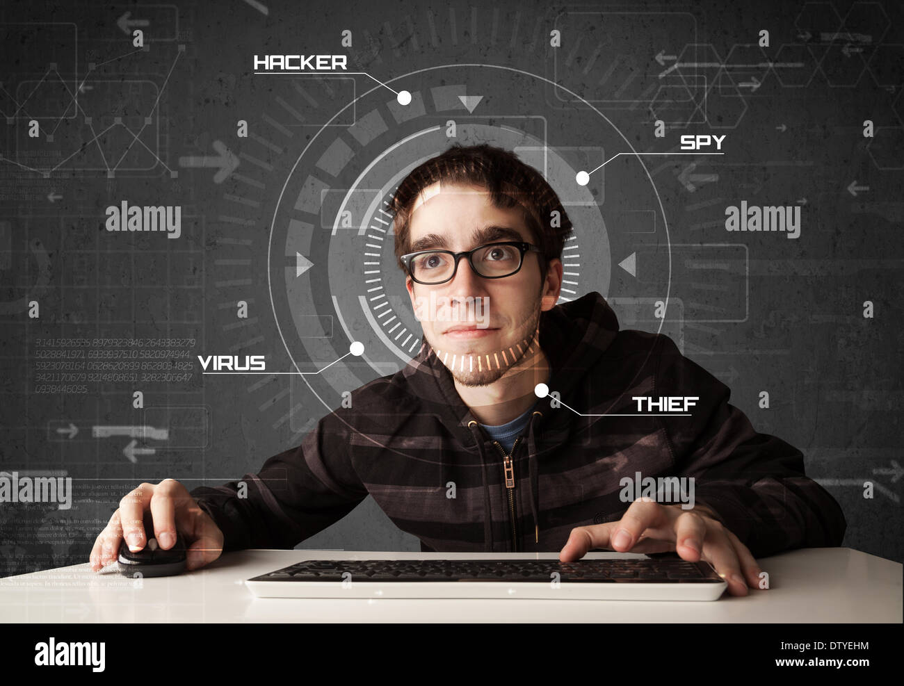 Young hacker in futuristic enviroment hacking personal information ...