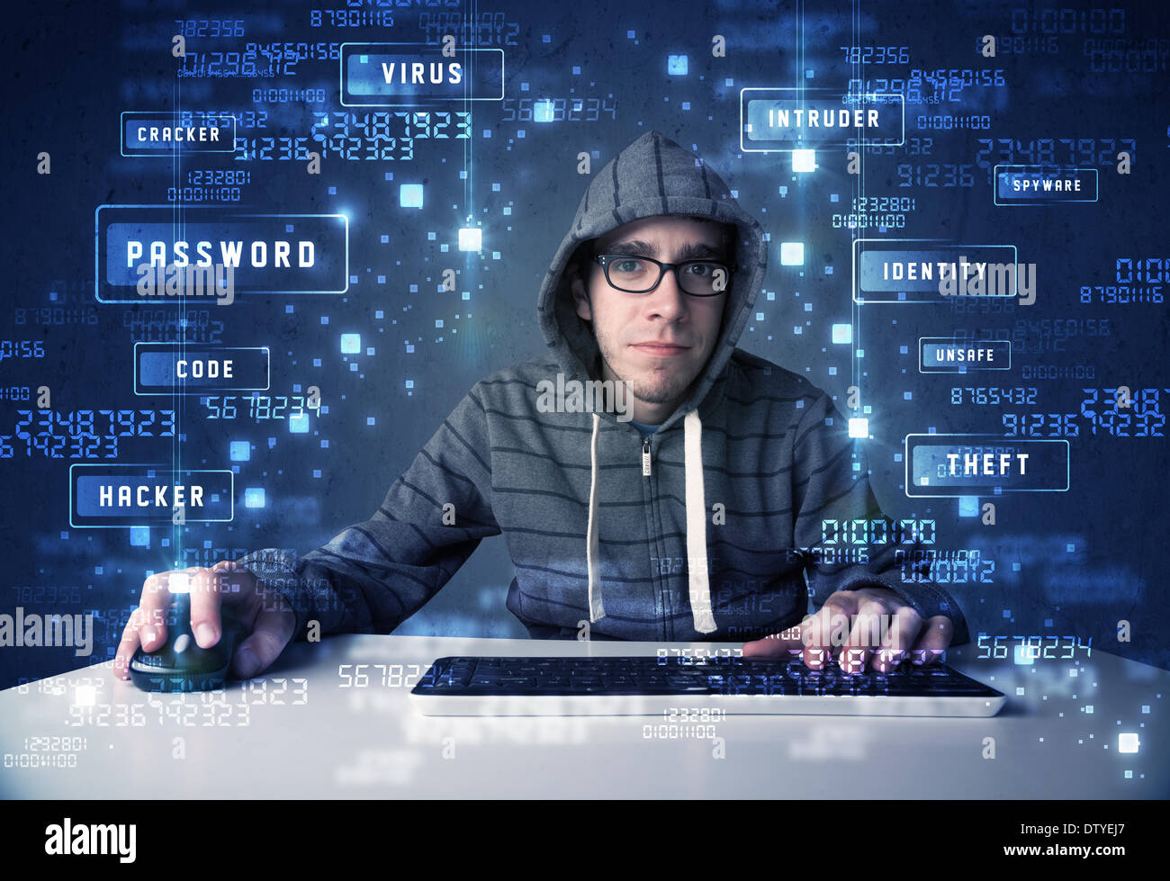 Hacker programing in technology enviroment with cyber icons Stock Photo ...