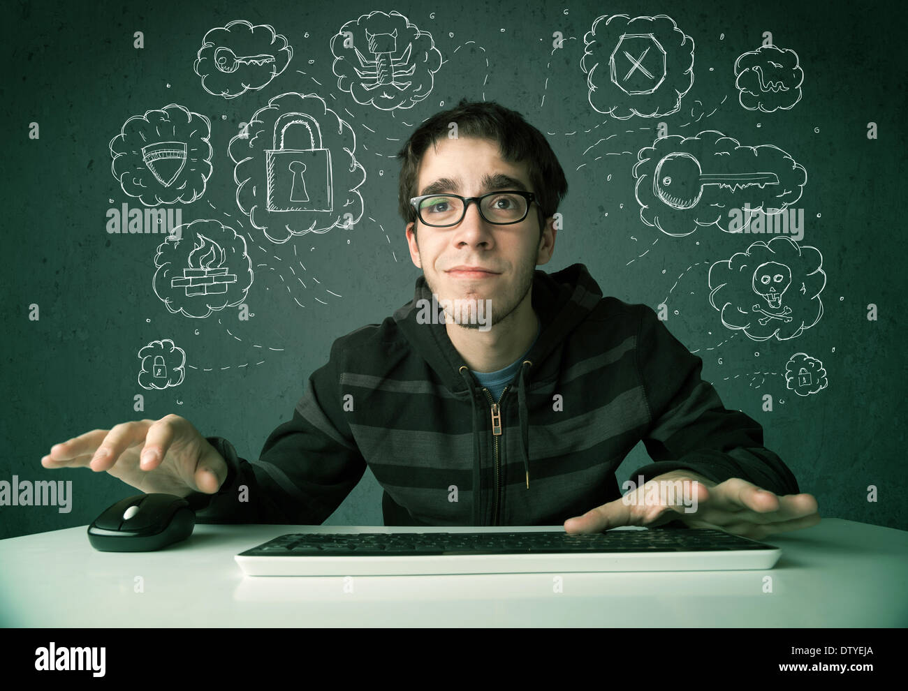 Young nerd hacker with virus and hacking thoughts Stock Photo - Alamy