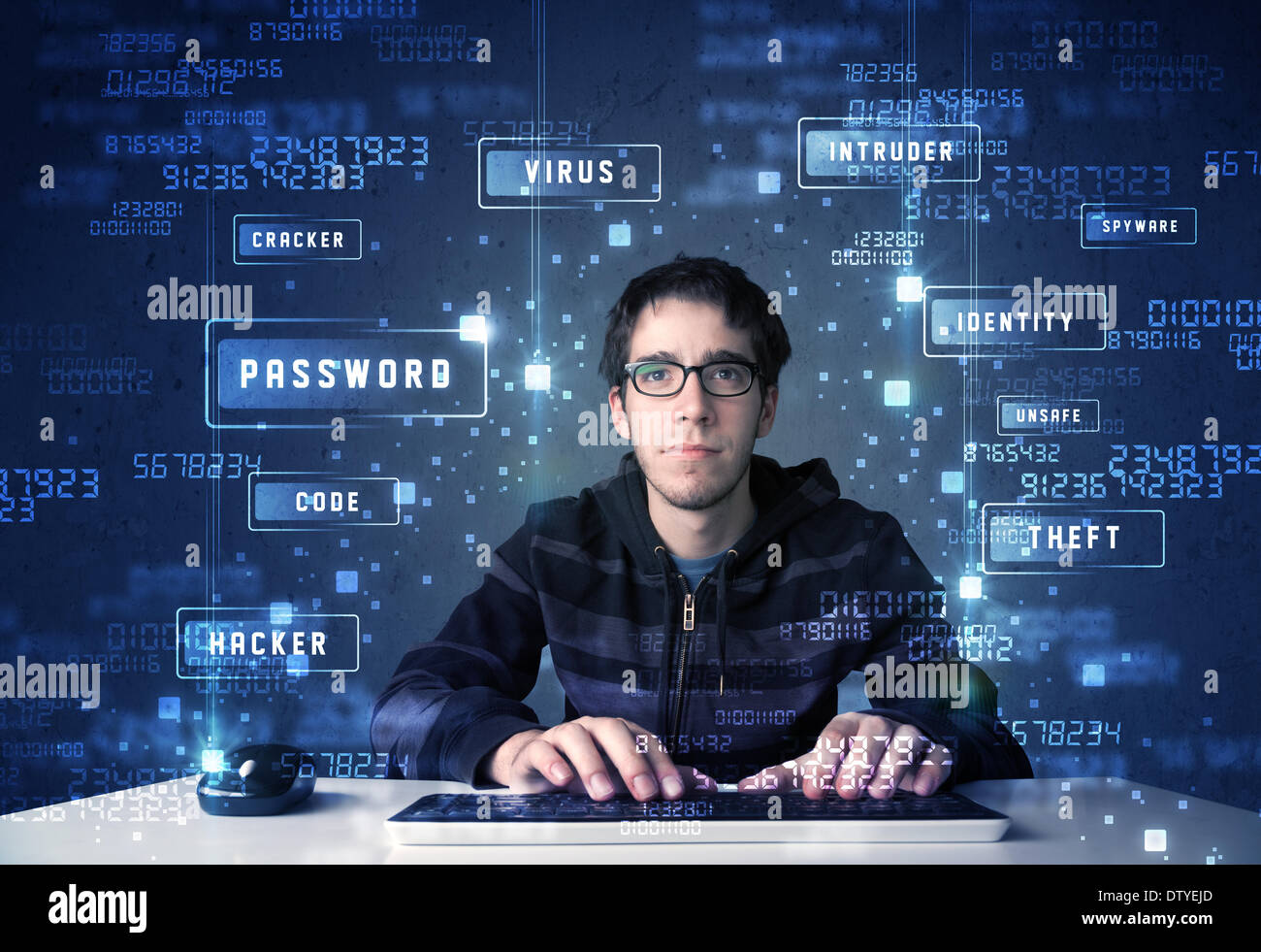 Hacker programing in technology enviroment with cyber icons Stock Photo ...
