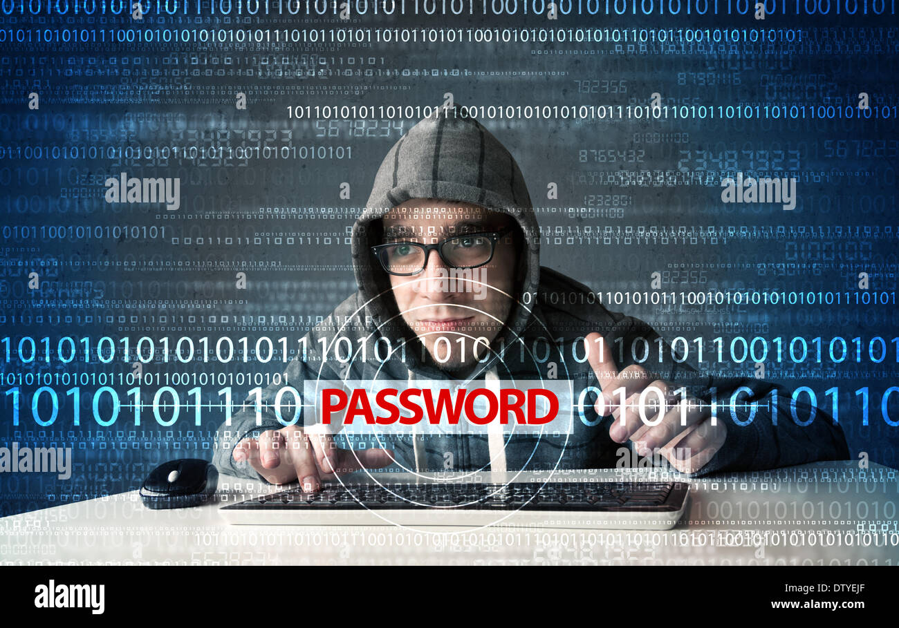 Young geek hacker stealing password Stock Photo - Alamy