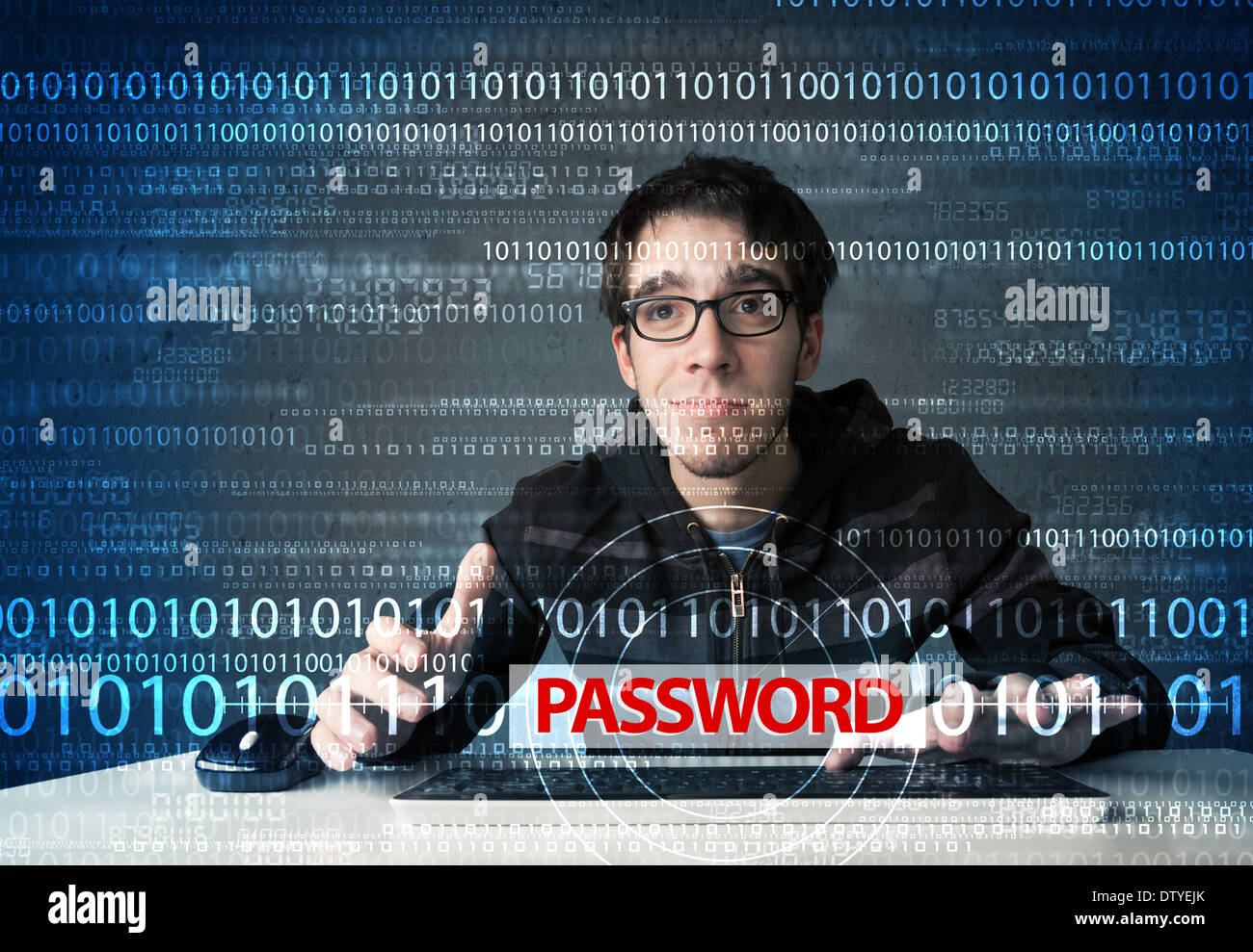 Young geek hacker stealing password Stock Photo - Alamy
