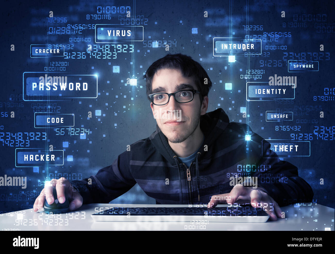 Hacker programing in technology enviroment with cyber icons Stock Photo ...