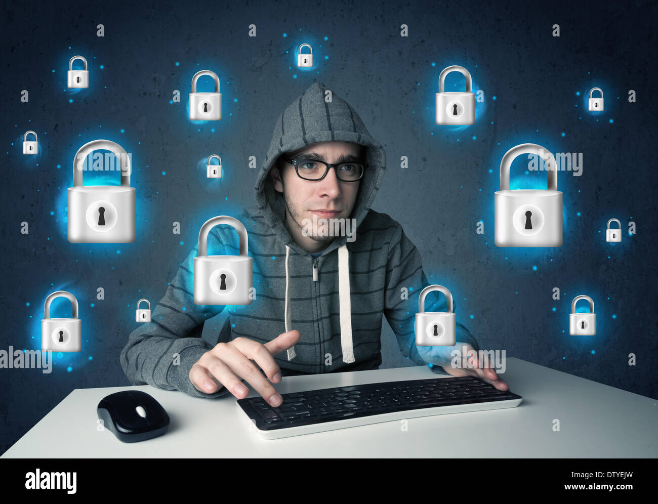 Young hacker with virtual lock symbols and icons Stock Photo - Alamy